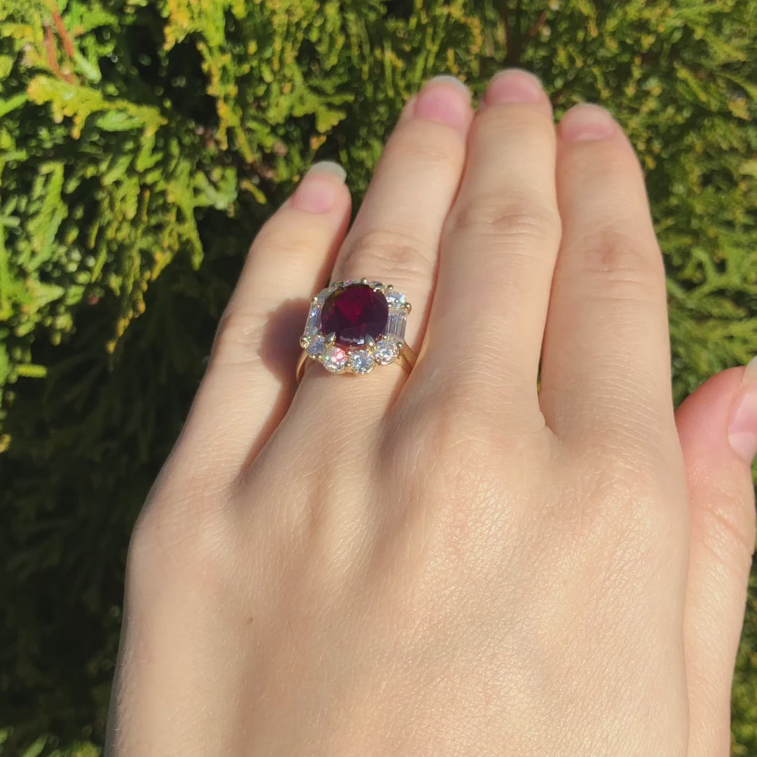 Vintage Oval Lab Grown Blood Red Ruby Engagement Ring